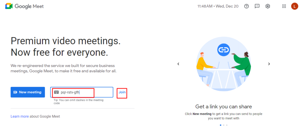 How do you join a Google Meet using a given code?